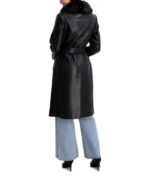 KENNETH COLE Faux Fur Collar Faux Leather Trench Coat