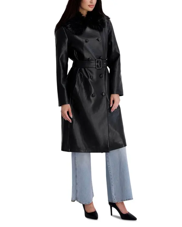 KENNETH COLE Faux Fur Collar Faux Leather Trench Coat
