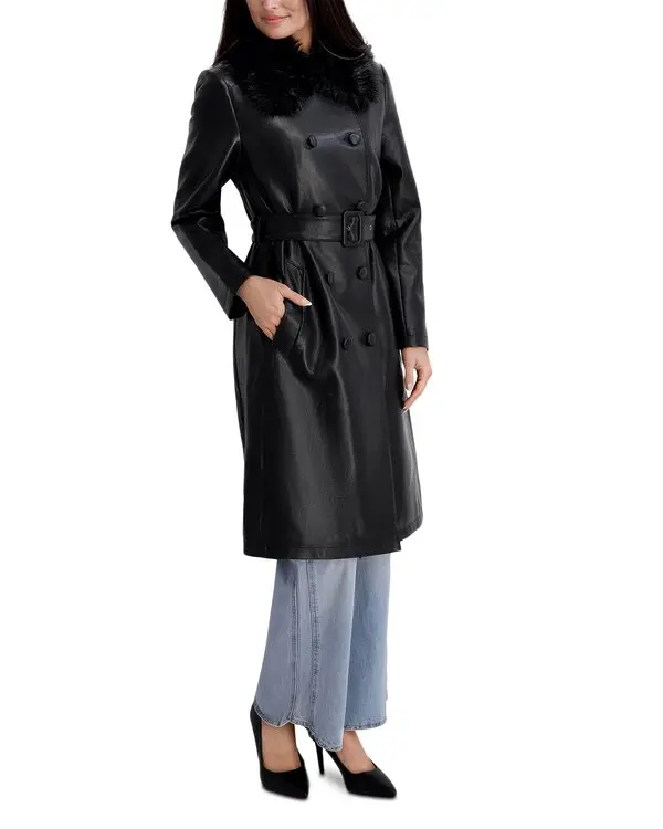 KENNETH COLE Faux Fur Collar Faux Leather Trench Coat