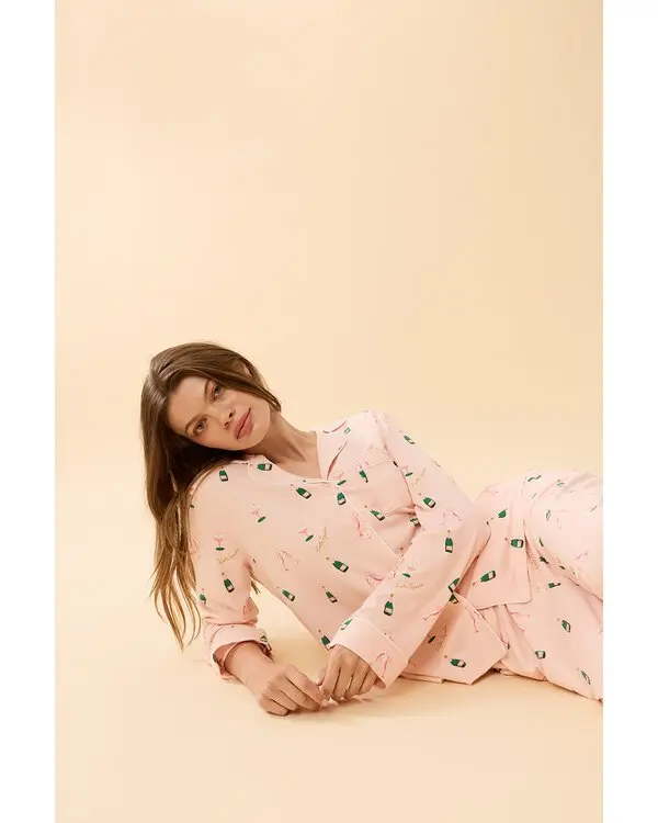 Kate Spade New York Brushed Sweater Knit Notch Collar Pajama Set - Blush Spaced Dot