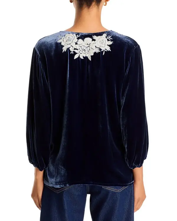 Johnny Was Split Neck Embroidered Velvet Top
