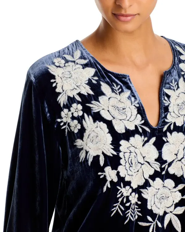 Johnny Was Split Neck Embroidered Velvet Top