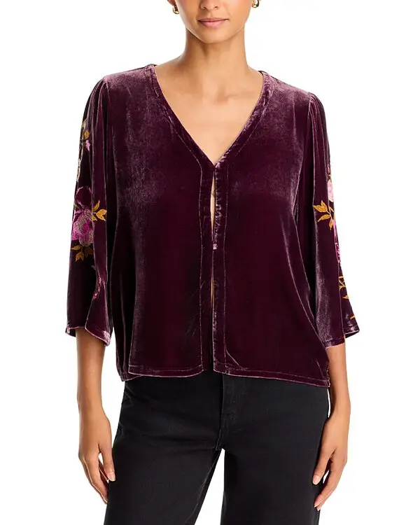 Johnny Was Velvet Embroidered Sleeve Top