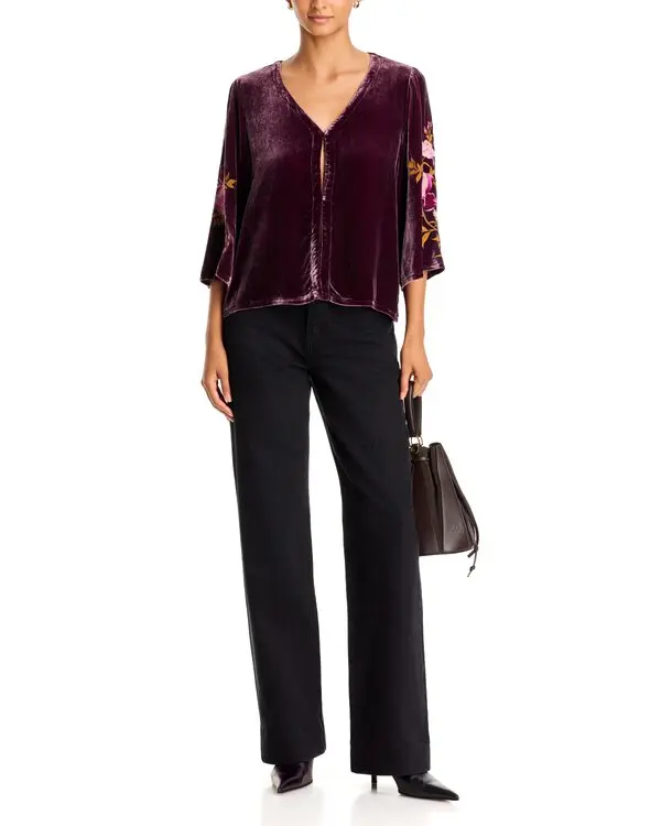 Johnny Was Velvet Embroidered Sleeve Top