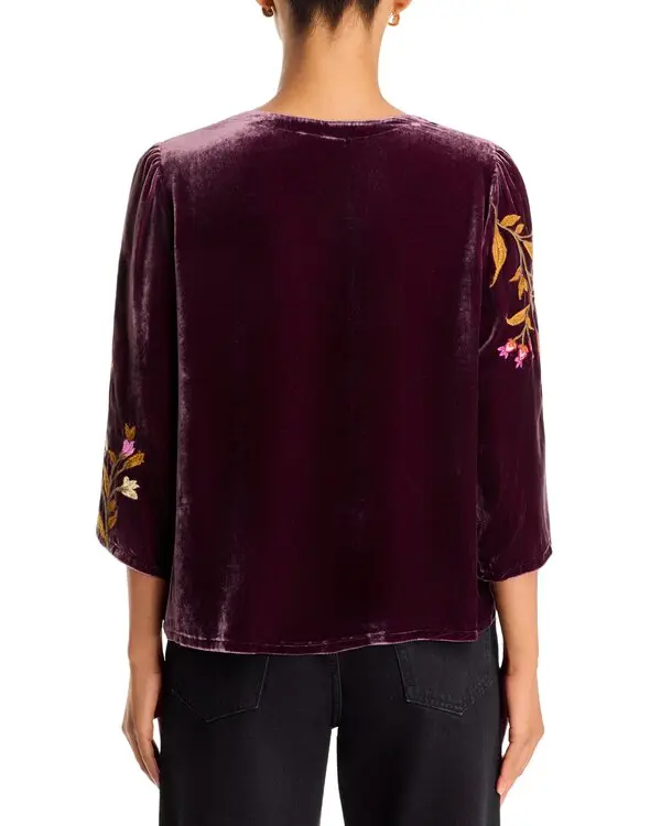 Johnny Was Velvet Embroidered Sleeve Top
