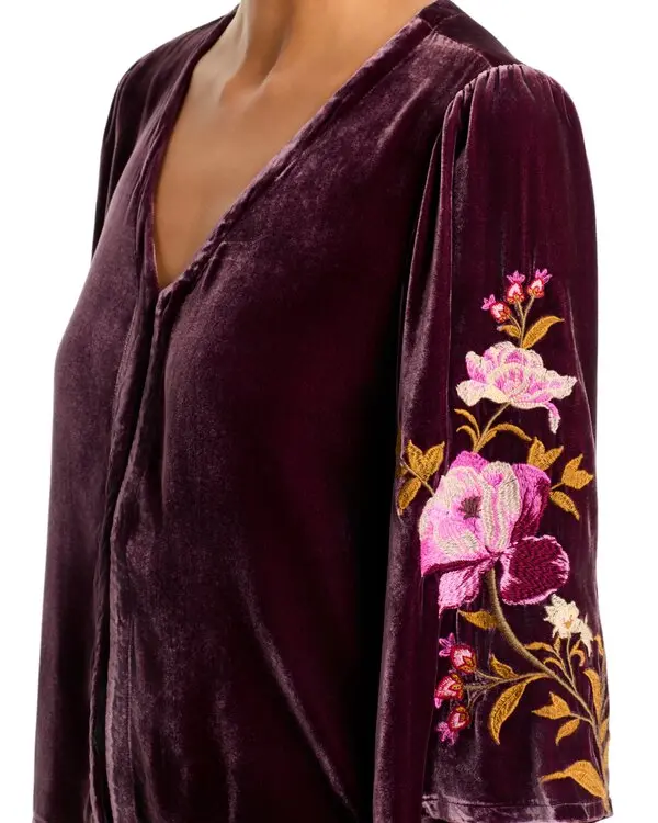 Johnny Was Velvet Embroidered Sleeve Top