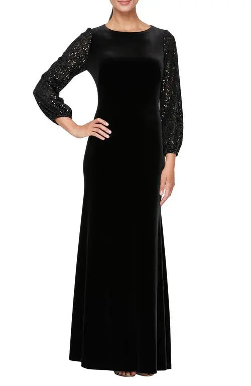 Alex Evenings Sequin Detail Long Sleeve Velvet Gown
