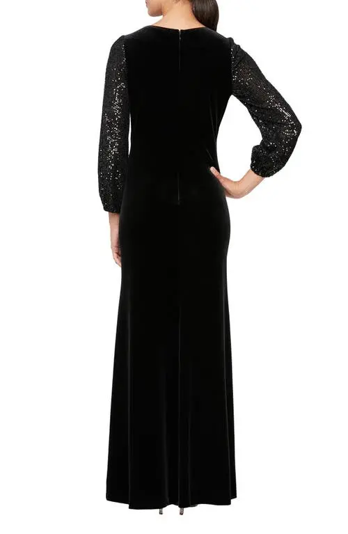 Alex Evenings Sequin Detail Long Sleeve Velvet Gown