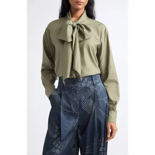 Emporio Armani Cotton Blend Poplin Tie Neck Button-up Top - Sage