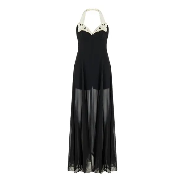 NOCTURNE Embroidery Detail Tulle Maxi Dress - Black