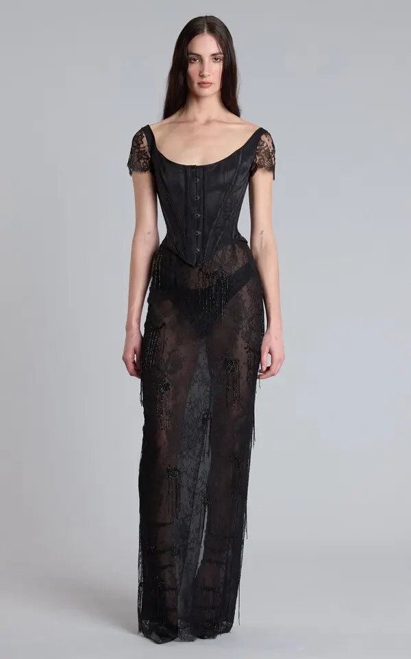 WIEDERHOEFT Embroidered Chantilly Lace Maxi Skirt