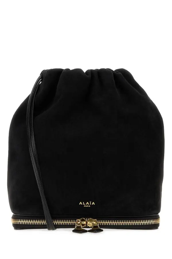 Alaïa Suede Bucket Handbag With Golden Metal Finish, 20cm X 23cm X 9cm, 33cm Shoulder Strap - Black