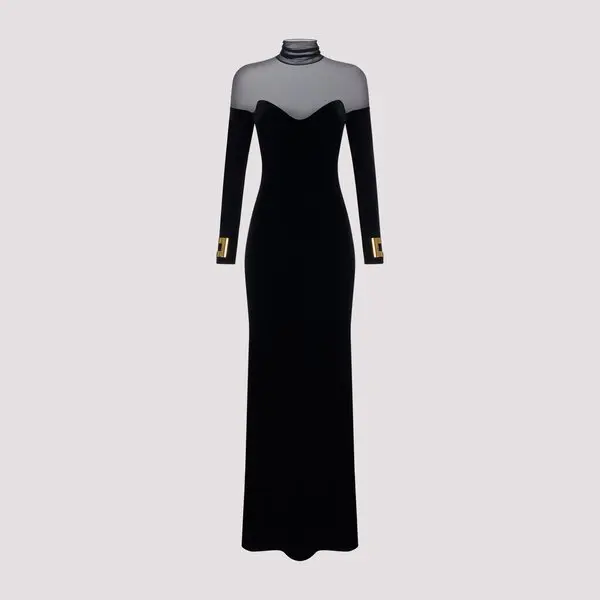 Elisabetta Franchi Long Sleeve Long Dress In Stretch Polyester - Black