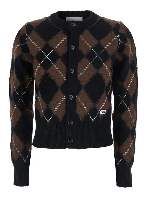 AMI Paris Round-neck Wool Cardigan With Oval Chest Patch