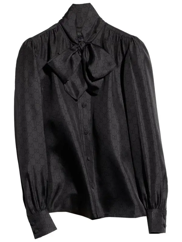 Gucci Silk Allover Gg Print Self-tie Bow Shirt With Buttoned Cuffs - Nero