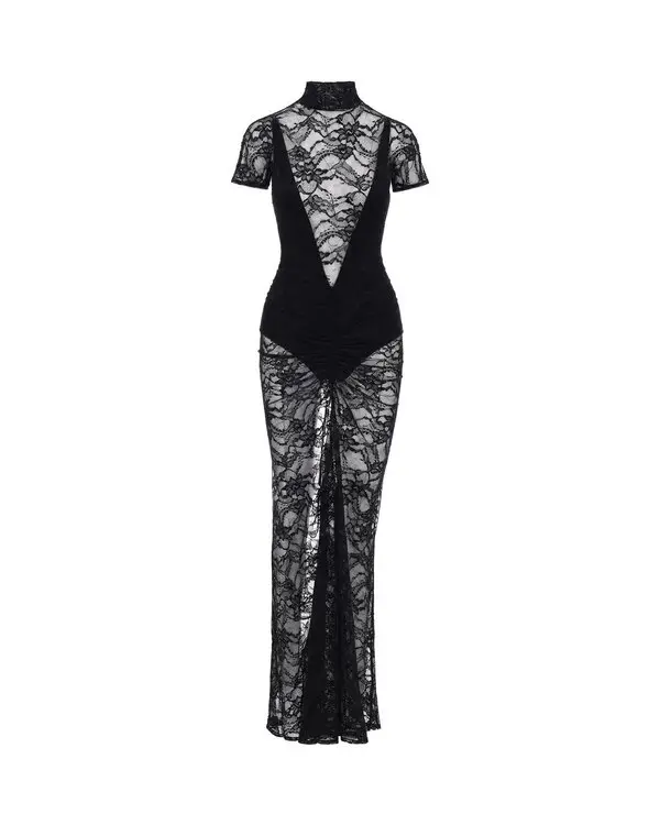 Andamane Sheer Lace High-neck Maxi Dress - Black