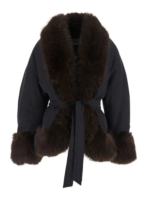 Andamane Brina Faux Fur Tech Fabric Jacket With High Collar And Side Pockets