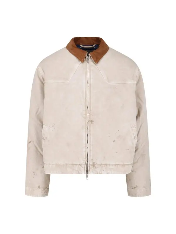 Balenciaga Distressed Zip Front Jacket With Corduroy Collar - Beige