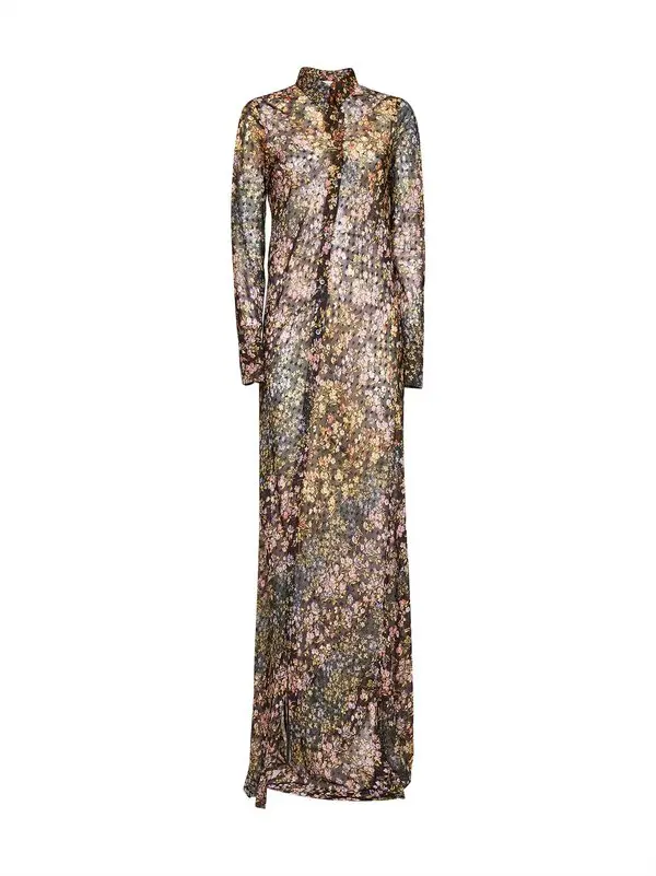 Dries Van Noten Aubergine Mini Floral Patchwork-print Jacquard Dalima Long Shirt Dress - Multicolor