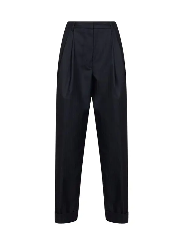 Dries Van Noten Navy Blue Chevron Wool Pantan Double-pleated Trousers