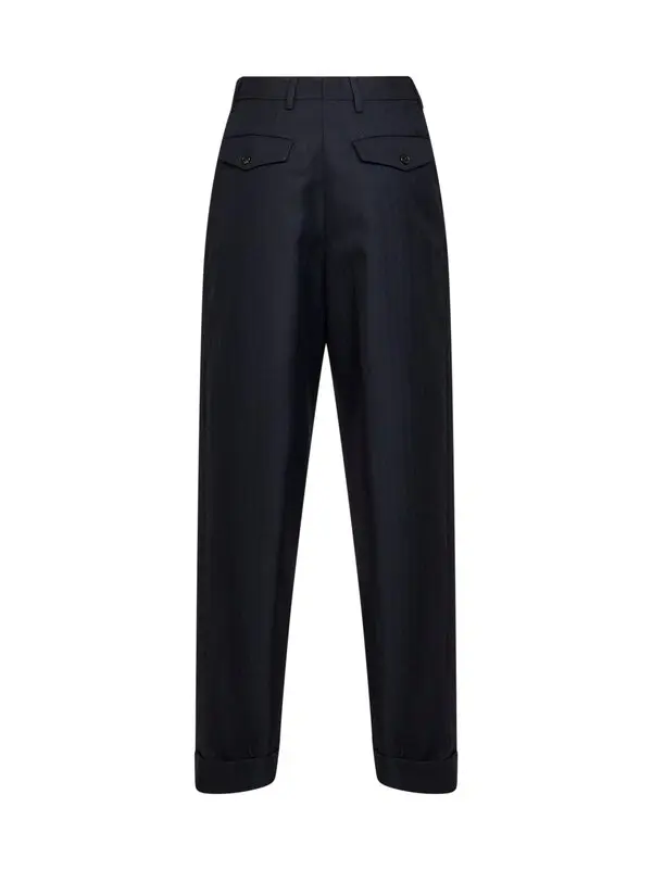 Dries Van Noten Navy Blue Chevron Wool Pantan Double-pleated Trousers