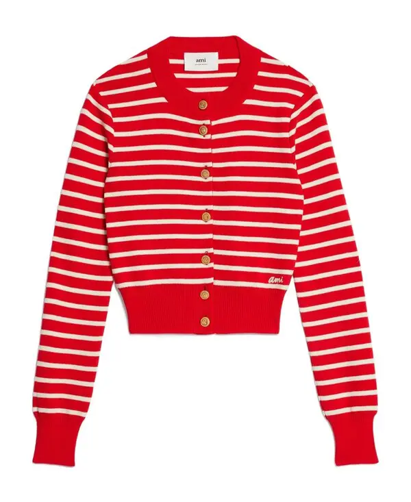 AMI Paris Merino Wool Striped Cardigan - Red