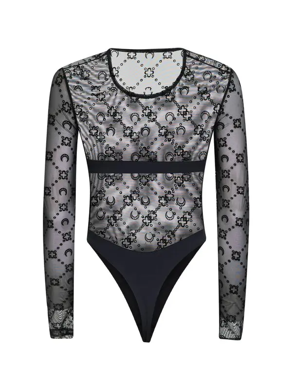 MARINE SERRE Black Flocked Monogram Mesh Bodysuit
