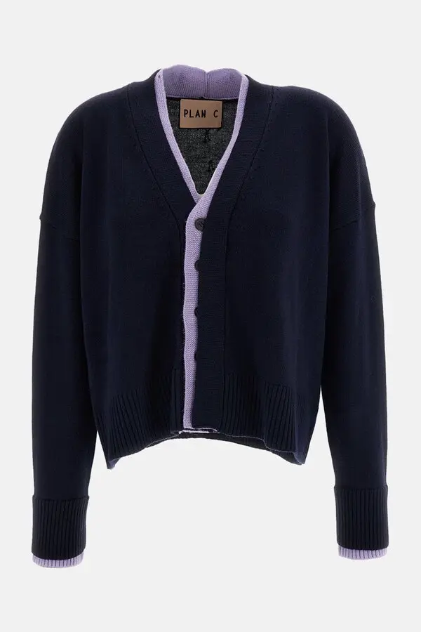 Plan C Cardigan In Lana Effetto Layering - Blu