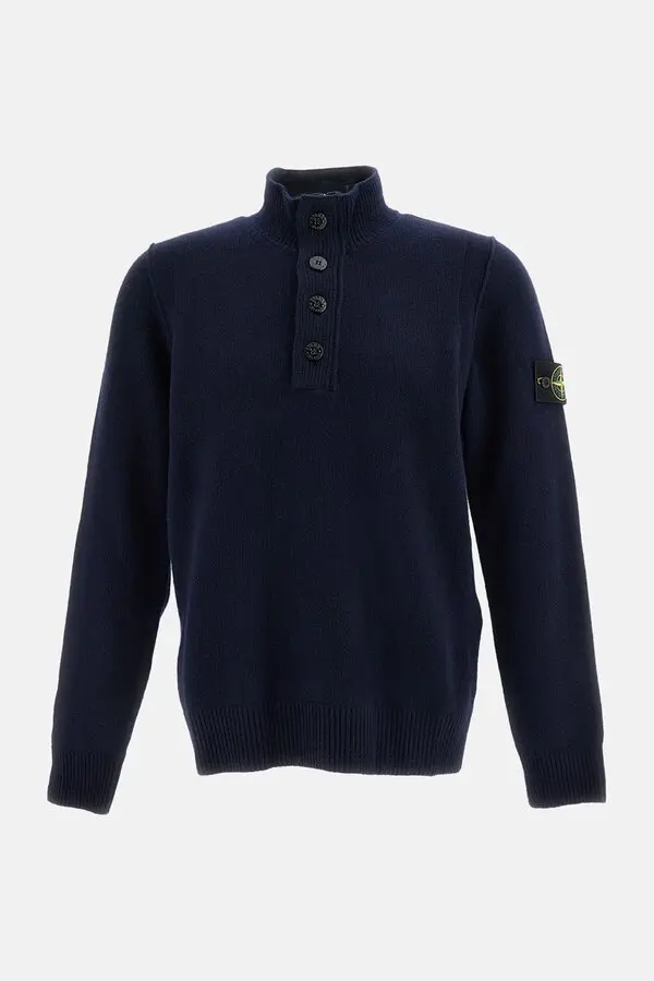 Stone Island Maglione A Collo Alto In Lambswool Con Zip E Bottoni - Blu