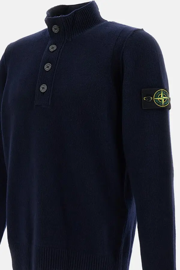 Stone Island Maglione A Collo Alto In Lambswool Con Zip E Bottoni - Blu