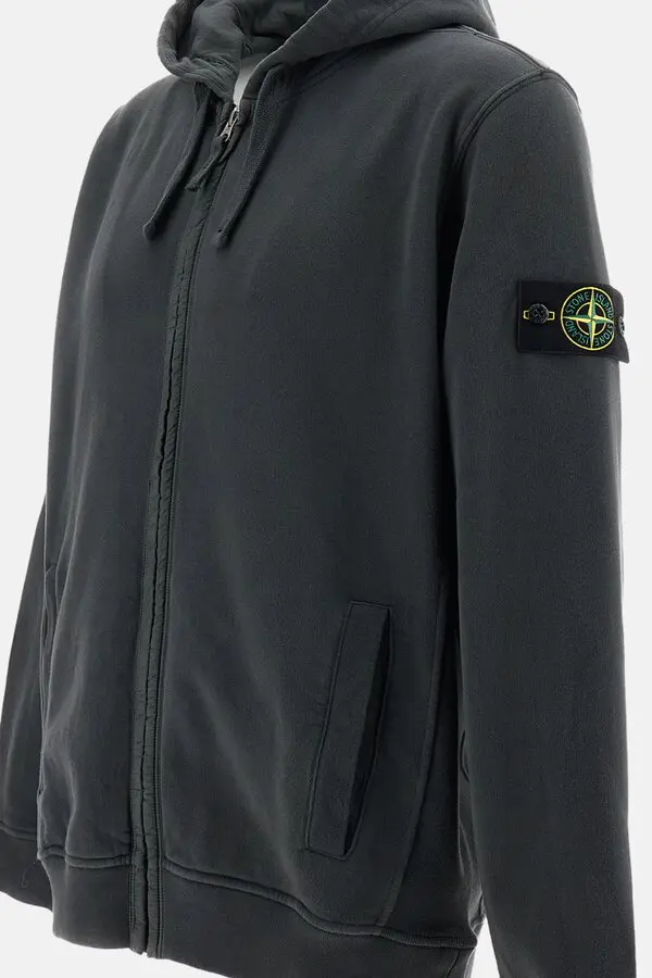 Stone Island Felpa Con Cappuccio E Zip In Garzato Di Cotone - Grey