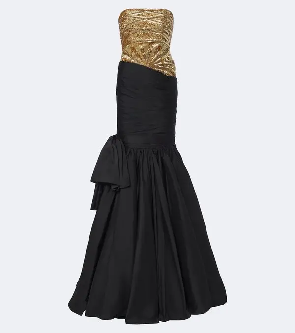 LA FUORI Là Fuori Gilded Geo Draped Sequined Bustier Gown