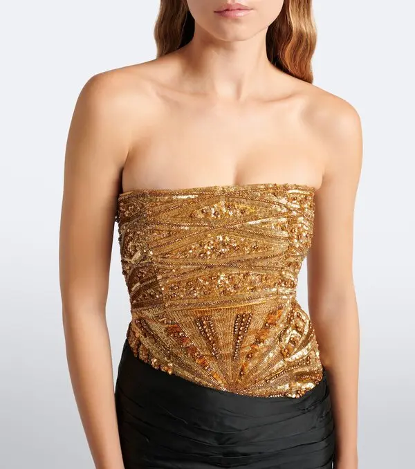 LA FUORI Là Fuori Gilded Geo Draped Sequined Bustier Gown