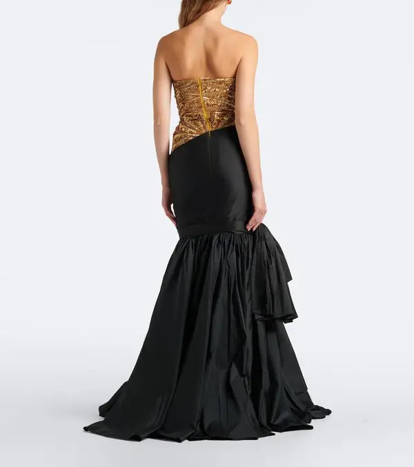 LA FUORI Là Fuori Gilded Geo Draped Sequined Bustier Gown