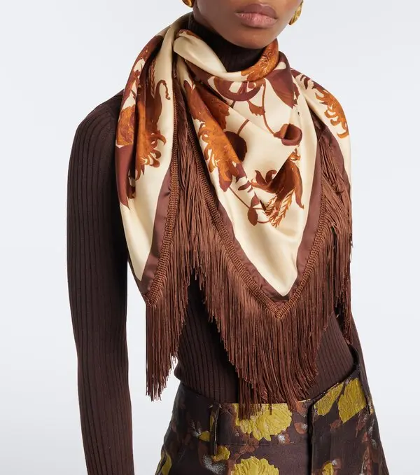La DoubleJ Coven Reversible Fringed Silk Twill Scarf - Brown
