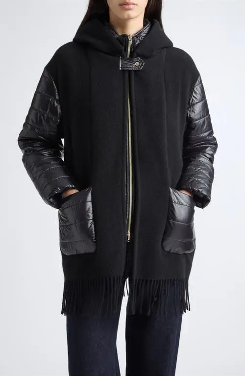 Herno Fringe Wool & Cashmere Poncho Jacket With Quilted Nylon Bib Inset - 9300 Black