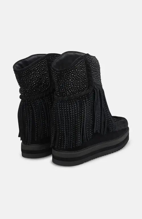 ALMA EN PENA Fur Fringed Bootie - Black