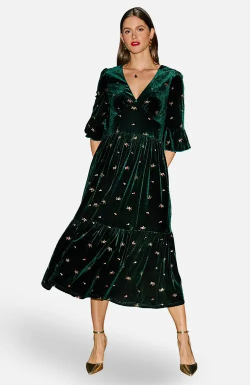 YUMI Velvet Embroidered V-neck Midi Dress - Green