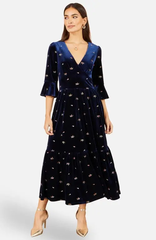 YUMI Velvet Embroidered V-neck Midi Dress - Navy