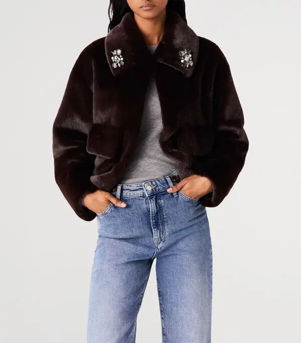 Maje Faux Fur Cropped Jacket - Brown