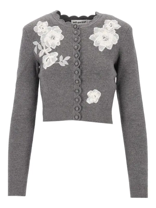 SELF-PORTRAIT Knit Cardigan With Lace Flowers