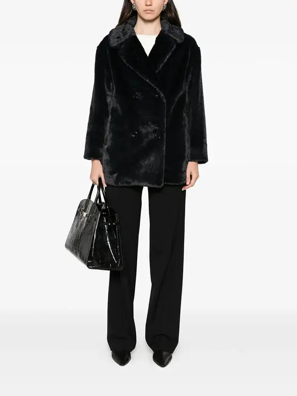 Herno Peacoat In Faux Fur With Beaver Effect - Black