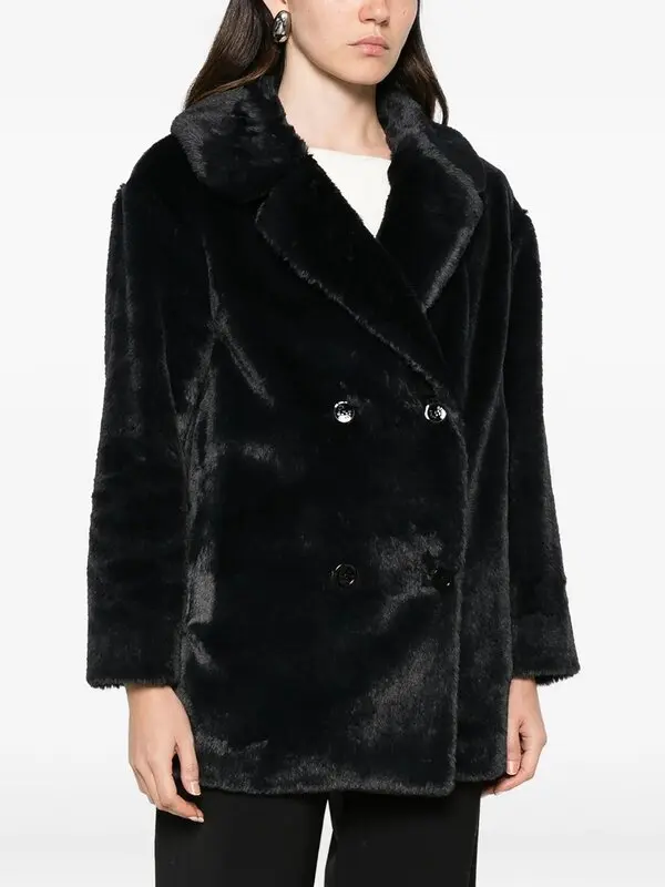 Herno Peacoat In Faux Fur With Beaver Effect - Black