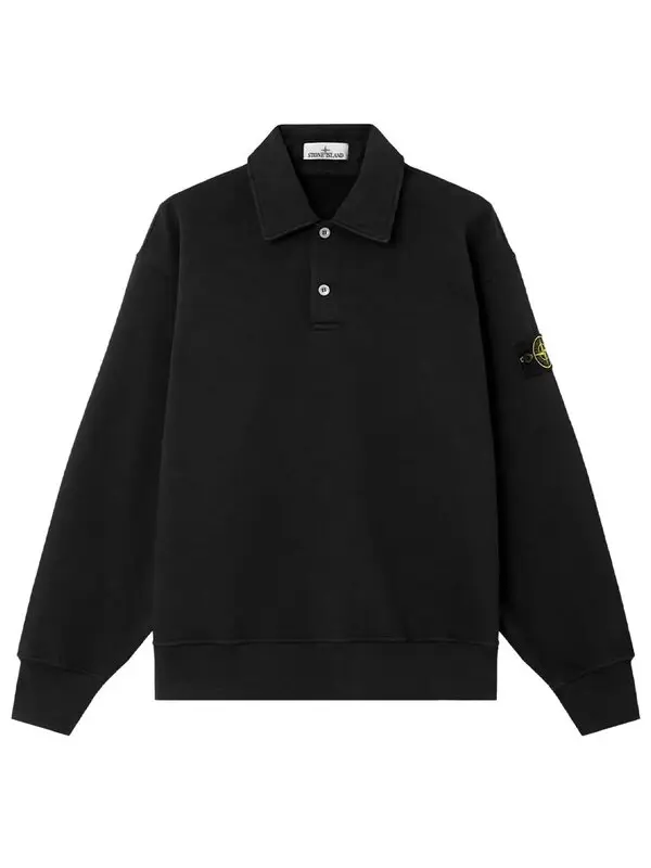 Stone Island Crewneck Sweatshirt With Polo Collar And Oversized Fit - Black