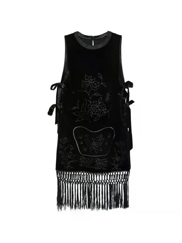 HUI MILANO Seem Embroidered Fringed Mini Dress - Black