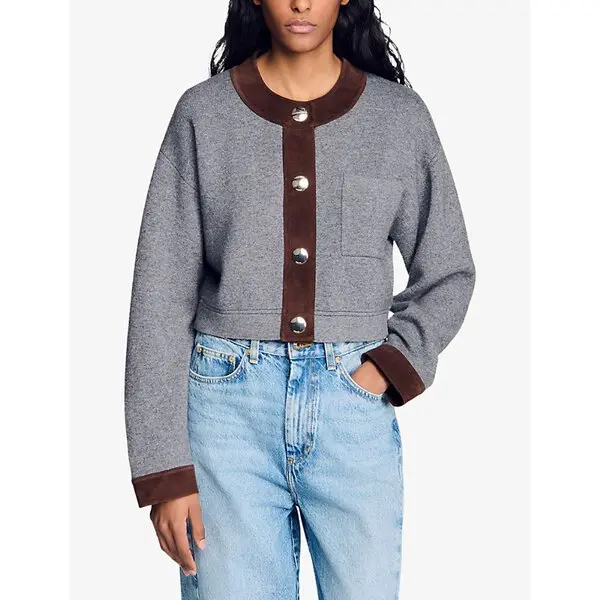 Sandro Suede-panel Wool And Cashmere-blend Cardigan
