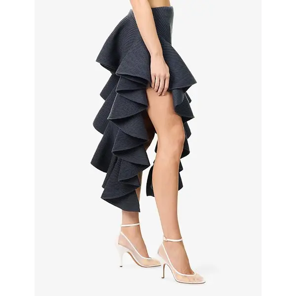 Alaïa Ruffle-hem Ribbed Wool-blend Midi Skirt