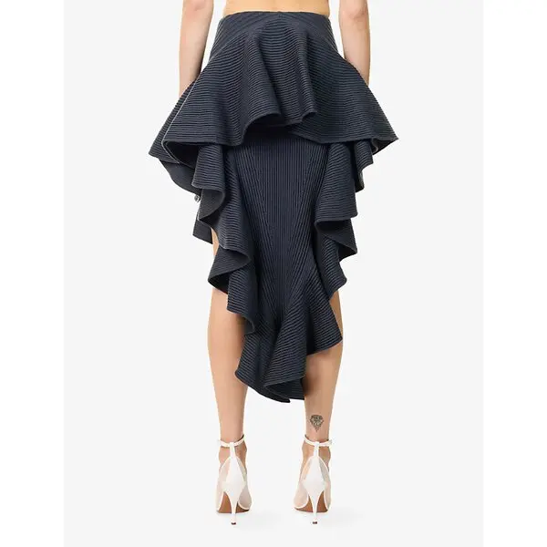 Alaïa Ruffle-hem Ribbed Wool-blend Midi Skirt