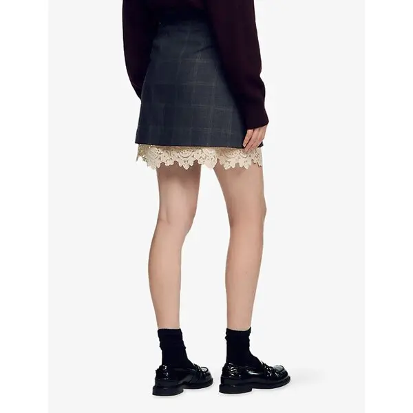 Sandro Checked Lace-panel Stretch Wool-blend Mini Skirt