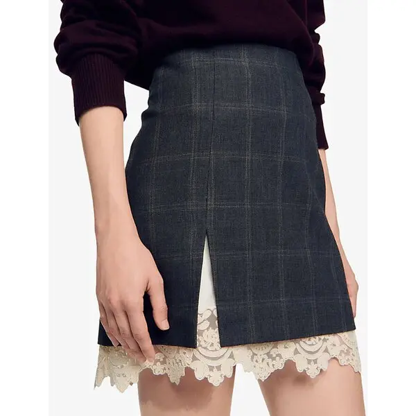 Sandro Checked Lace-panel Stretch Wool-blend Mini Skirt